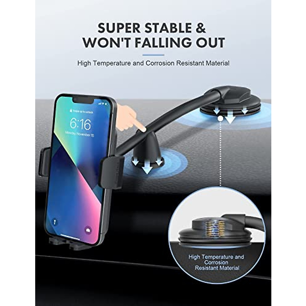 MOKPR Cell Phone Mount for Car, Car Phone Holder with Long Arm Dashboard Anti-Shake Stabilizer Phone Holder Compatible with iPhone, Android Phone etc