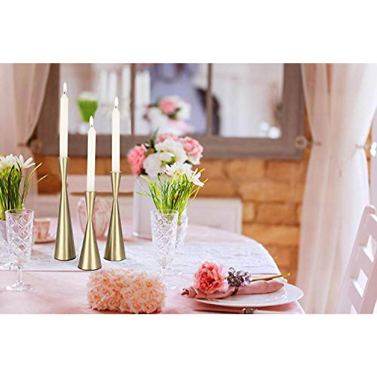 Vixdonos Brass Gold Taper Candlestick Holders Metal Candle Holders Set of 3 Table Decorative Candle Stand for Wedding, Dinning, Party,Home Decor (Gold)