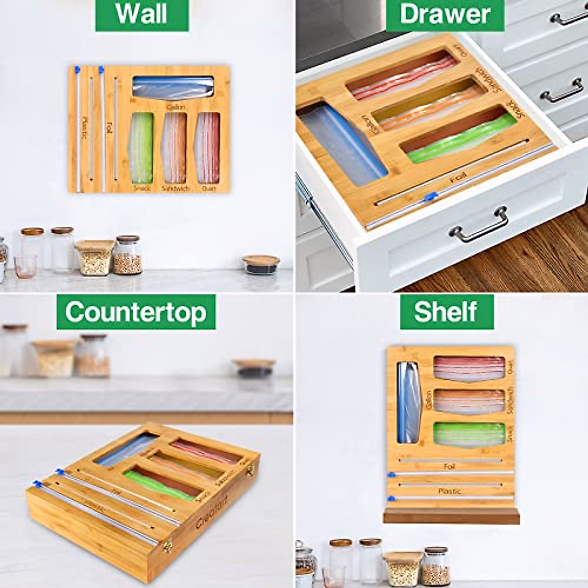 Creatart Bamboo Foil and Plastic Wrap Dispenser with Cutter 6 in 1 Ziplock Bag Storage Organizer for Drawer 12" Food Storage Bag Organizer for Gallon, Quart, Sandwich and Snack