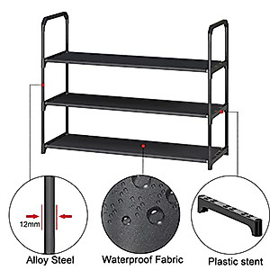 SHELAKET 3-Tiers Stackable Shoe Rack, Expandable & Adjustable Waterproof Fabric Shoe Shelf Storage Organizer For Closet Bedroom Entryway (Black)