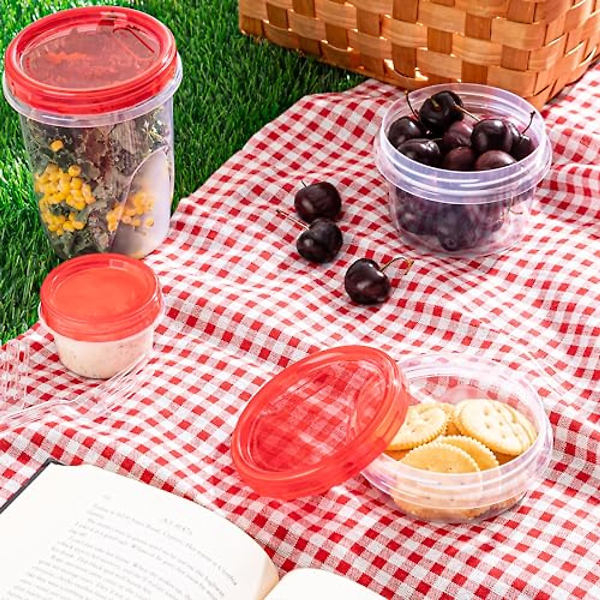 PLASTICPRO 24 Pack Twist Top Containers Assorted Sizes Plastic Food Storage Containers with Red Twist on Lids Stackable Reusable
