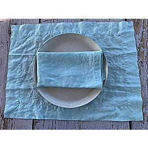 Eight Owls Stonewashed Linen Placemats – 15” x 20”– Set of 4-100% Pure Linen Cloth - Mitered Corners – 2" Hem – Coast (Aqua Lagoon)