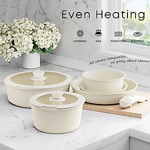 Caannasweis Detachable Nonstick Cookware Set - Stackable Induction Pots and Pans With Removable Handles, Dishwasher Safe - For RV Camping, Oven and Stovetop Use, 5 Pieces (Cream)