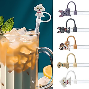 Velaco 5Pcs 0.4in/10mm Diameter Silicone Straw Covers Cap for Stanley 20 30&40 Oz Cup, 5 Different Dog Straw Toppers for Stanley 40 Oz Tumbler with Handle, Dust-Proof Straw Caps for Water Bottle