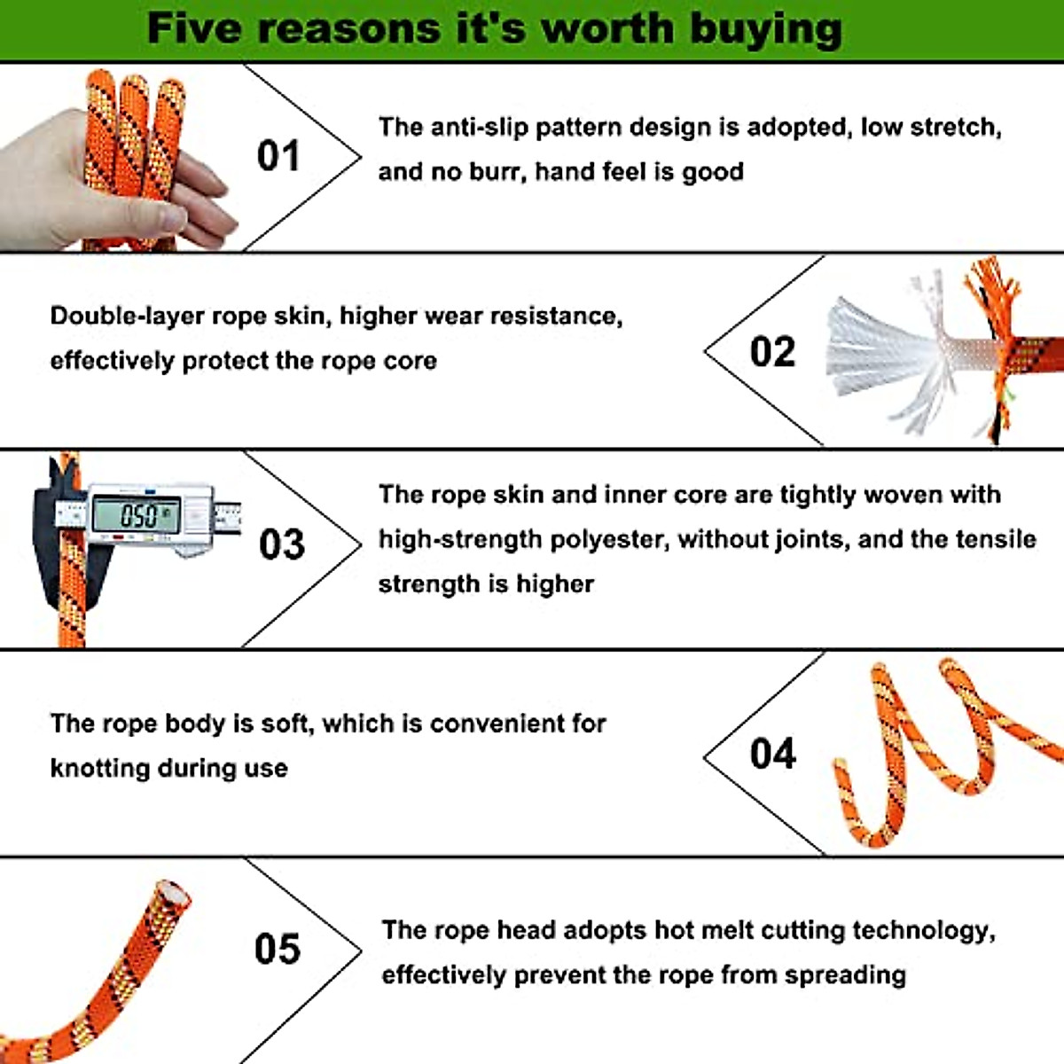 CRAYZA Double Braided Polyester Rope (1/2 in x 50 ft) Strong Arborist Rigging Rope 48 Strands for Tree Work Swing Pulling Sailing, Orange