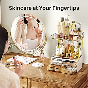 Ducoak 2-Tier 2-Drawer Skincare Organizers Luxurious Makeup Organizer Countertop Household Large Vanity Organizers And Storage Multi-Purpose Bathroom Counter Organizer Amber