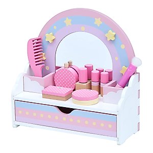 Teamson Kids Little Dreamer Wooden Rainbow Play Tabletop Vanity with Mirror and Drawer Plus 8 Pretend Cosmetic Makeup Accessories, Pink, includes Small Parts