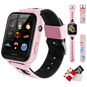 Kids Smart Watch Phone with 10 Games, MP3 Player Music Smartwatch with 2-Way Call Camera Alarm SOS Sports Wrist Watch for 3-14 Boys Girls Christmas Birthday Gifts, Free Dinosaurs Band (Peach Pink)