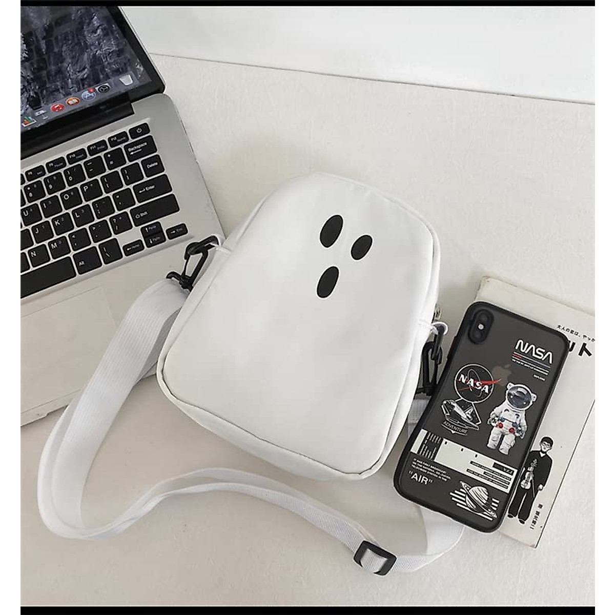 GESALOP Funny Cute Ghost Kawaii Women's Canvas Bag Cartoon Harajuku Wallet Women's Shoulder Bag Kawaii Wallet (Black-1)