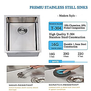 Hotis Undermount Bar Sink, 15 X 17 Inch Brush Nickel Small Rv Kitchen Sink, Stainless Steel Handmade Single Bowl Outdoor Wet Bar Prep Sink With Strainer