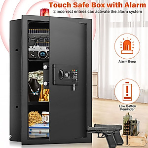 25.6" Tall Fireproof Wall Safes Between the Studs 16" Centers, Hidden Wall Safe with 2 Removable Shelf & Hidden Tray, Heavy Duty Wall Mount Safe for Firearms, Money, Jewelry, Passport Black