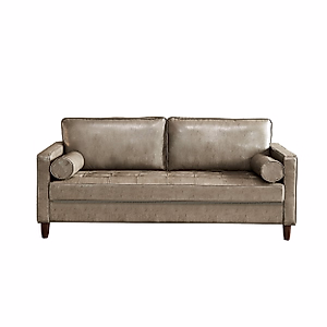 TARTOP Vegan PU Leather Living Room, Mid-Century Upholstered 3 Sofa Couch with 2 Pillows,Hidden Storage Space and Button Tufted Seat for Home or Office,Khaki