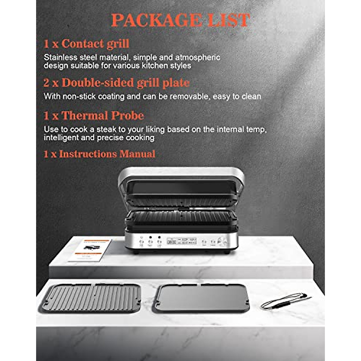 5 in 1 Indoor Grill, Panini Press Grill Sandwich Maker, CATTLEMAN CUISINE Electric Contact Grill and Griddle with Removable Nonstick Grill Plates, Smart Probe, LCD Display, Stainless Steel, 1600W