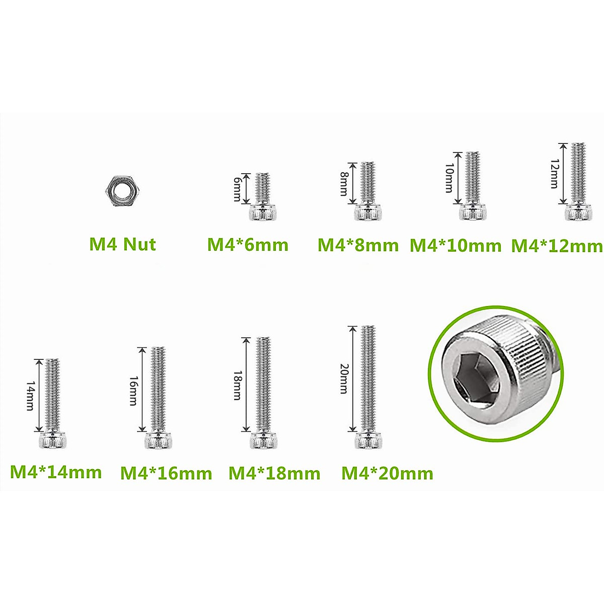 Elantek 160Pcs Metric M4 304-Stainless Steel Hex Socket Head Cap Screws Nuts Assortment Kit- M4 x 6mm/ 8mm/ 10mm/ 12mm/ 14mm/ 16mm/ 18mm/ 20mm