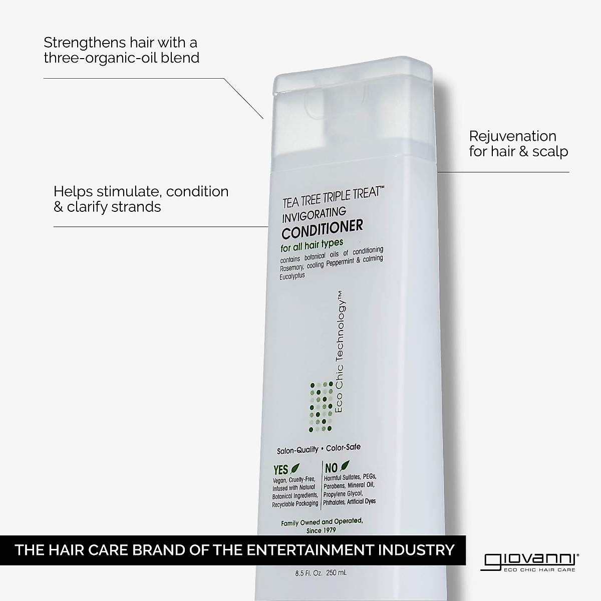 GIOVANNI Tea Tree Triple Treat Invigorating Conditioner - Cooling Peppermint, Eucalyptus, Rosemary, Helps Dry Flaking Scalp, Paraben Free, Helps to Moisturize, Smooth & Detangle- 8.5 oz (1 Pack)