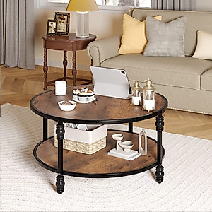 IDEALHOUSE Round Coffee Table for Living Room Rustic Center Table with Storage Shelf Wood Circle Coffee Table with Sturdy Metal Legs, Easy Assembly