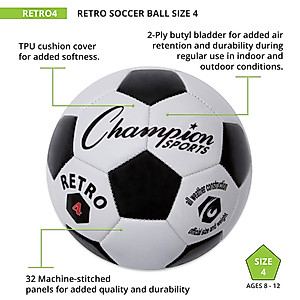 Champion Sports Retro Soccer Ball, Size 4 , Black/White