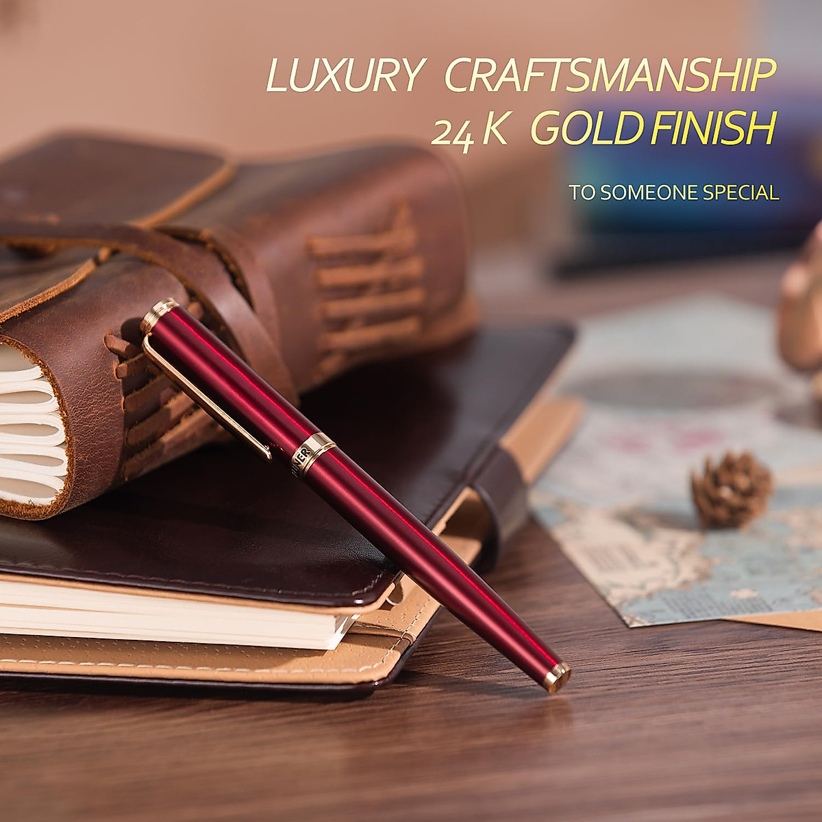 BEILUNER Red Fountain Pen,Stunning Luxury Pen,24K Gilded Nib(Medium),Gorgeous 24K Gold Finish,German Schneider Ink Converter,Trustworthy Pen Gift for Men&Women-Elegant,Executive,Nice Pen for Writing