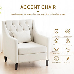 HUIMO Upholstered Living Room Chairs,Accent Chair with Solid Wood Frame,Reading Chair for Bedroom,Tufted Armchair,Mid Century Sofa Chair,Comfy Club Chair for Living Room (Beige)