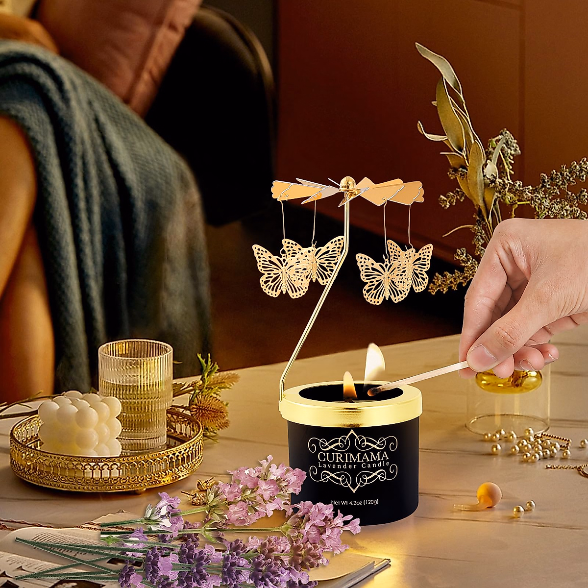 Gifts for Women Birthday Unique, Butterfly Gift for Mom, Rotating Candles Gifts for Best Friend, Lavender Candle Present for Sister, Mom Birthday Gift from Daughter