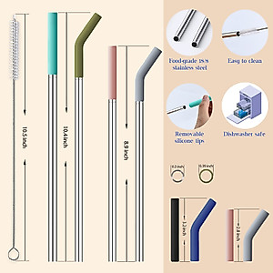 12-Pcs Reusable Metal Straws with Silicone Tips, Stainless Steel Drinking Straws with 3 Cleaning Brushes & 1 Portable Bag- Perfect for 30 oz and 20 oz Tumblers