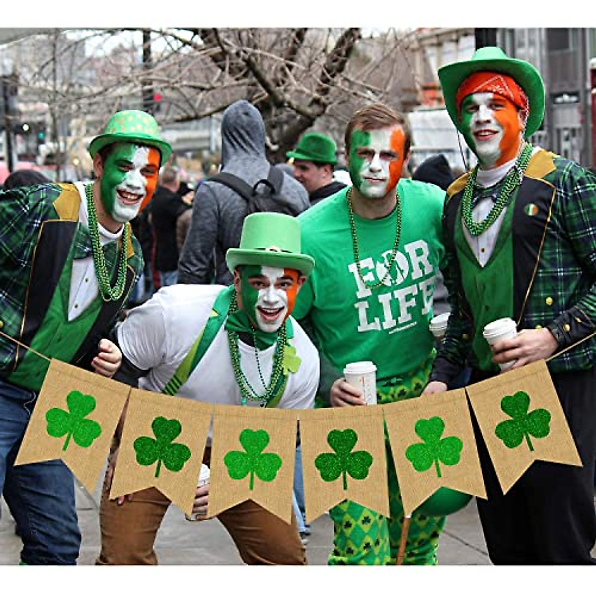 Glitter St Patricks Day Banner For Mantle - Shamrock Garland Banner, NO DIY Shamrock Decorations Rustic Clover Green Irish Garland Banner for Home Office Decor