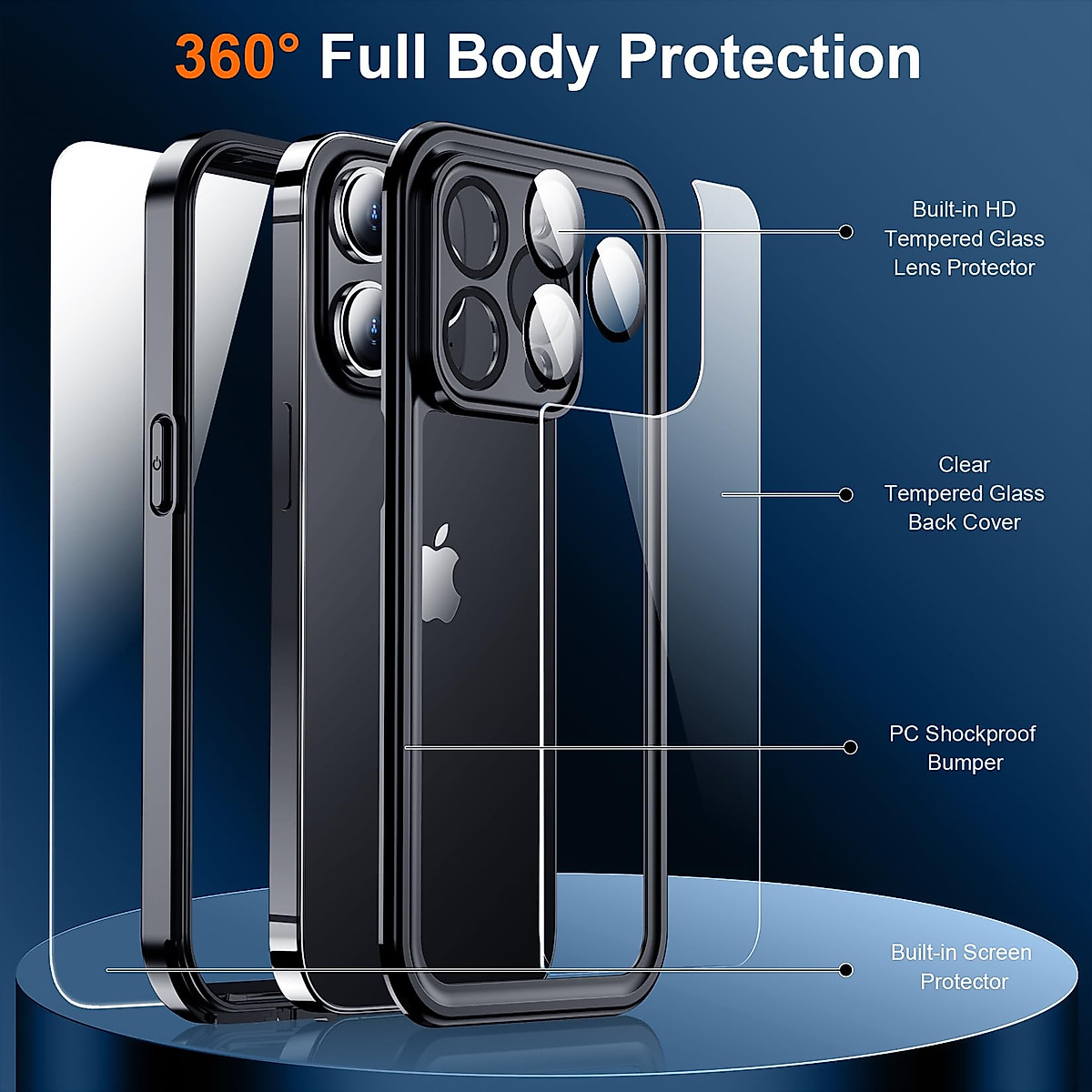 Justcool for iPhone 15 Pro Max Case Waterproof [14FT Military Dropproof] [IP68 Underwater] Built-in Screen Protector & [Tempered Glass Camera Lens Protector] Full Body Shockproof Phone Case, Black