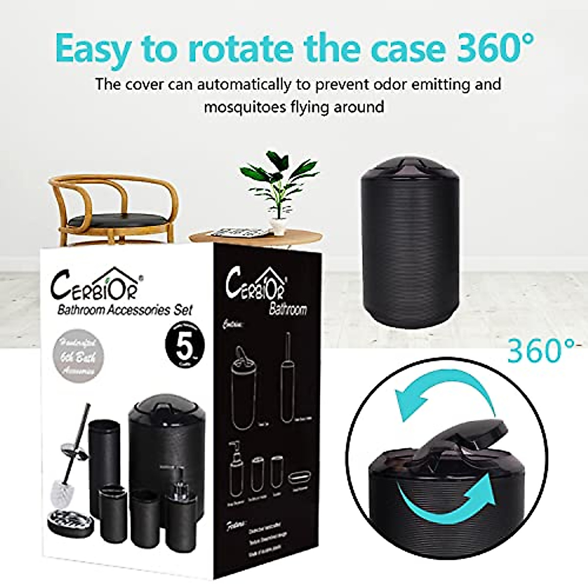CERBIOR Bathroom Accessories Set 6 Piece Bath Ensemble Includes Soap Dispenser, Toothbrush Holder, Toothbrush Cup, Soap Dish for Decorative Countertop and Housewarming Gift, Black