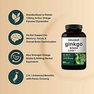 NatureBell Ginkgo Biloba 6,000mg with Panax Ginseng 500mg Per Serving | 300 Capsules – Max Strength Ginko Biloba Extract Supplements - Promotes Memory, Focus, and Brain Health