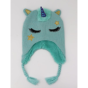Kids Girls Cute Glitter Unicorn Beanie Winter Hat and Glove Set Knitted Earflap Cap Flip Top Mitten Set Blue