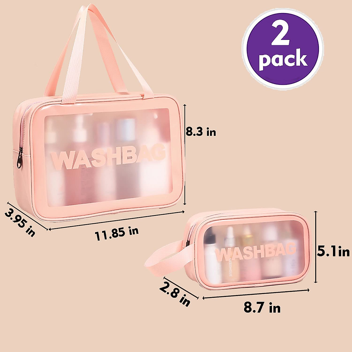 Cosmetic bag 2 pack small and large makeup bag,Travel Bags for Toiletries Transparent Makeup Bags with Zipper and Handle,pink