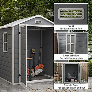 Outsunny Outdoor Storage Shed, 6' x 4.5' Garden Shed with Double Lockable Doors, Vent and Window, Plastic Utility Tool Shed for Backyard, Patio, Garage, Lawn, Gray