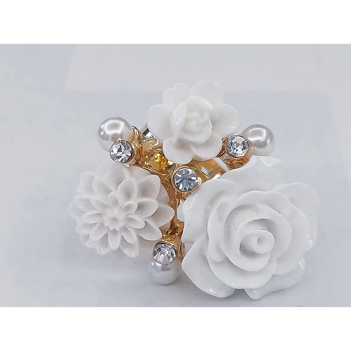 CZ Three White Flower Pearl Open Band Ring for Women Girls Gold Plated Cubic Zirconia Imitation Pearls Resin Rose Flowers Statement Adjustable Expandable Finger Rings Comfort Fit Christmas Jewelry