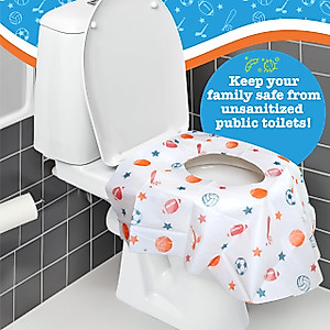 Disposable Toilet Seat Covers for Kids & Adults, 40 Pack - Protect from Public Toilet Germs While Potty Training & More - Extra Large, Waterproof, Portable, Individually Wrapped - Blue/Sports