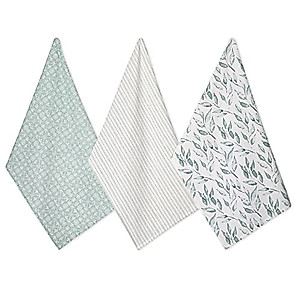 Folkulture Kitchen Towels with Hanging Loop, 18 x 28 Inches, Set of 3 Modern Tea Towels or Dish Towels for Drying Dishes, 100% Cotton Dishcloths or Hand Towels for Boho Décor, Absorbent (Misty Green)