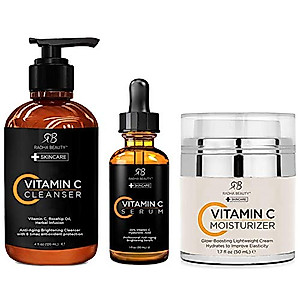 Radha Beauty Vitamin C Complete Facial Care Kit - 3-in-1 Anti-Aging Set with Cleanser, Serum, and Moisturizer for Wrinkles, and Dark Spots. Day & Night Brightening Skincare Gift Set
