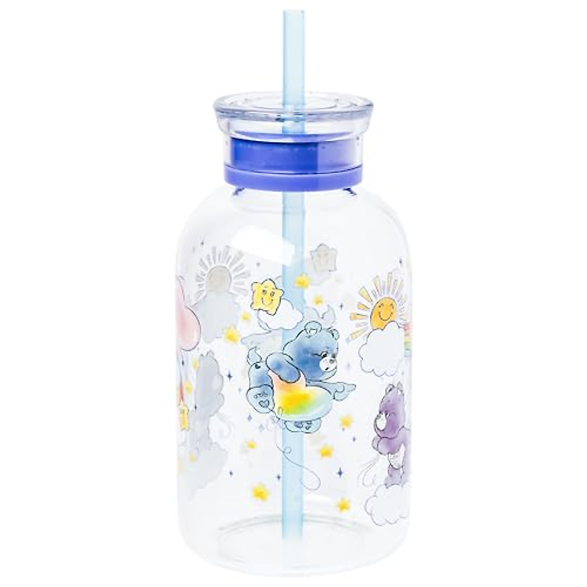 Silver Buffalo Care Bears Glass Milk Bottle with Straw Featuring Share Bear and Goodnight Bear, 15 Ounces