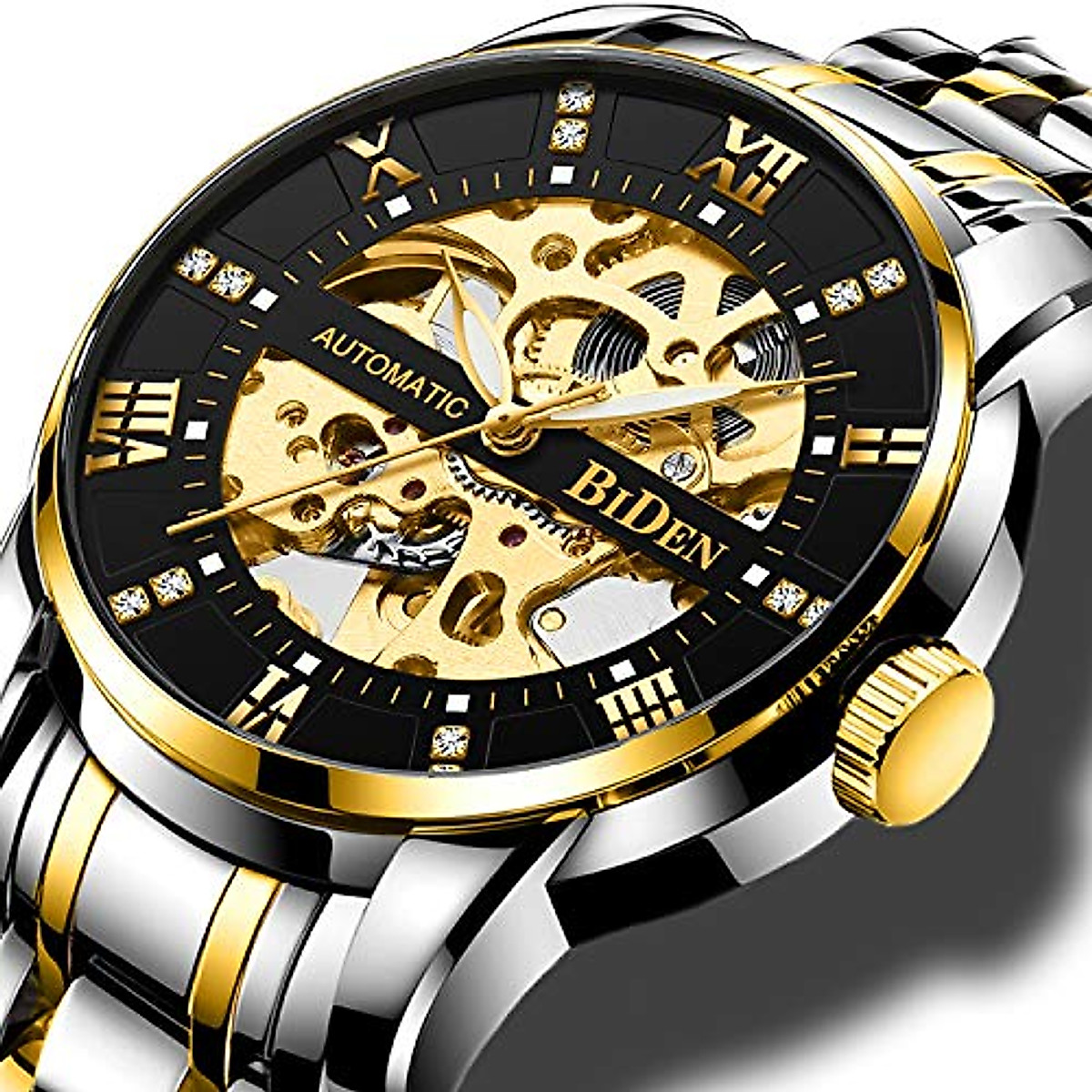 BIDEN Mens Watches Gold Mechanical Automatic Self-Winding Stainless Steel Skeleton Luxury Waterproof Diamond Dial Wrist Watches for Men