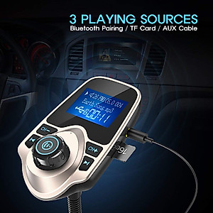 Nulaxy Bluetooth Car FM Transmitter Audio Adapter Receiver Wireless Handsfree Voltmeter Car Kit TF Card AUX 1.44 Display - KM18 Golden