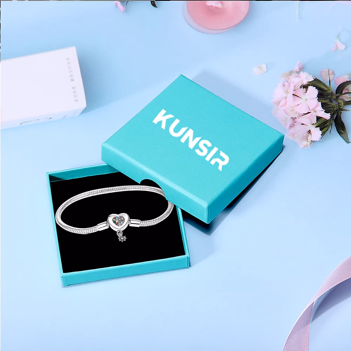 KUNSIR 925 Sterling Silver Palm Clasp Snake Chain Bracelet Basic Charm Bracelets Fit Any PDL Charm, with for Teen Women