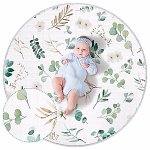 Wesiti Baby Play Mat Non Slip 40 x 40'' Large Baby Activity Mat Round Tummy Time Washable Foldable Floor Pads for Infant Nursery Room Indoor Outdoor(Eucalyptus Leaf)