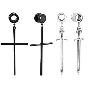 LADEMAYH 2Pcs 00 Gauges for Women, Cool Gold 00g Plugs Gauges for Ears, Cross & Sword 00g Tunnels Earrings Surgical Steel Gauges Size 00 Gauge Earrings