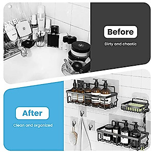 Shower Caddy, Shower Organizer for Bathroom Storage No Drilling, 3 Pack Adhesive Shower Shelves and 3 Adhesive Hooks - Large Capacity, Rustproof Stainless Steel, Shower Shelf for Inside Shower - Black