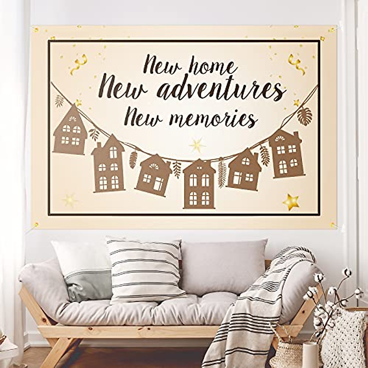 New Home New Adventures New Memories Backdrop Banner Decor Brown – Housewarming Party Theme Decorations New House for Women or Men Supplies