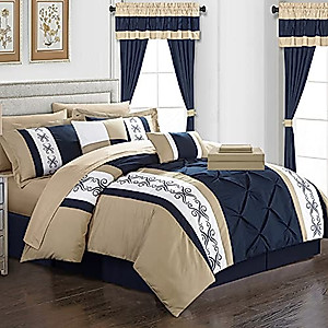 Chic Home Icaria 20 Piece Comforter Set Color Block Pinch Pleat Pintuck Design Bag Bedding, Queen, Navy