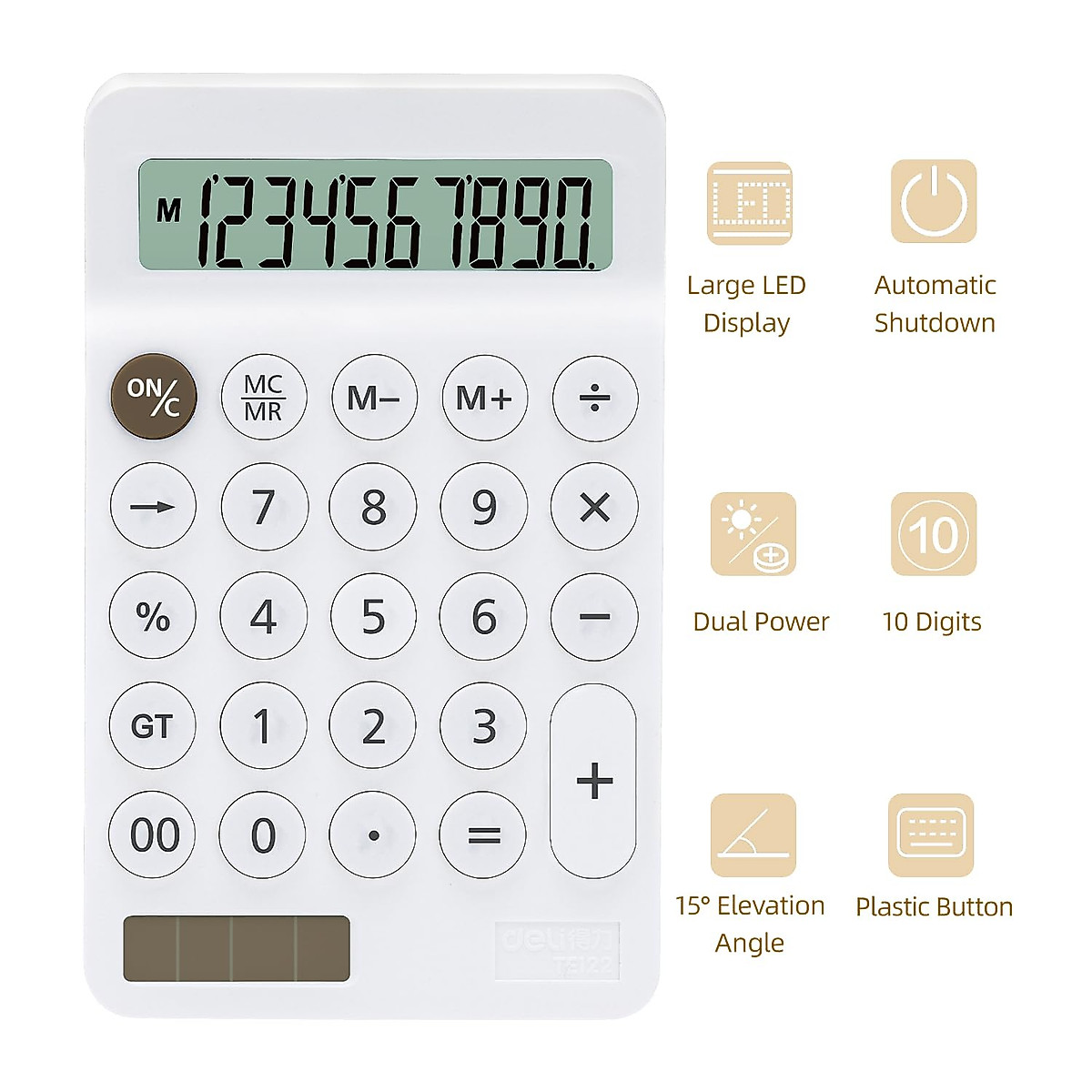 Calculator, Deli Standard Function Desk Calculators 10 Digit with Large LCD Display with 15° Elevation, Solar and Battery Dual Power, Standard Function for Office, Home, School, White