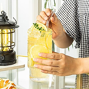 SoulTimes 4 Pack Large 16oz Ribbed Glassware Set, Flower Design Stackable Glass Cups, Vintage Textured Clear Striped Drinking Glasses Set, for Bar Beverages,Juice,Water,Cocktail,Iced Coffee