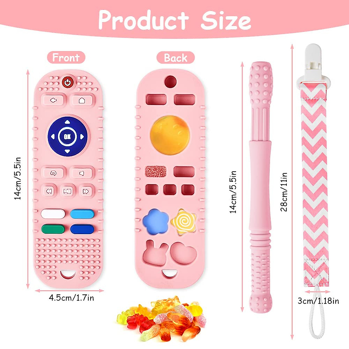 Silicone Baby Teething Toys, Remote Control Shape Teethers Toys with Teething Tubes and Pacifier Clip, Baby Teething Toys for 3+ Months, Remote Teething Toys BPA Free/Freezable/Dishwasher Safe(Pink)