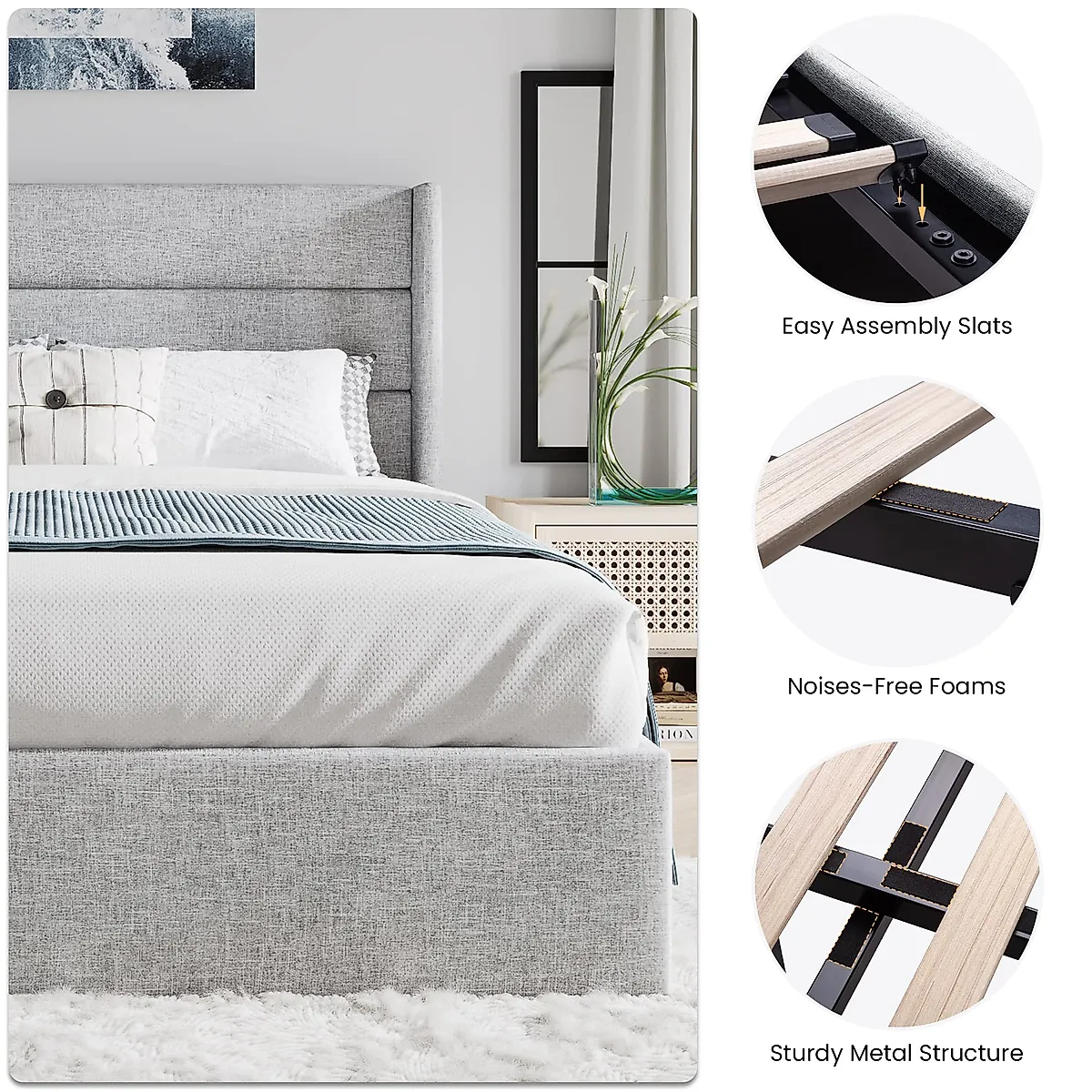 SHA CERLIN Queen Size Lift Up Storage Bed/Modern Wingback Headboard/Upholstered Platform Bed Frame/Hydraulic Storage/No Box Spring Needed/Wood Slats Support/Light Grey