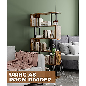 Gadroad 5-Tier Geometric Bookcase,S Shaped Bookshelf, Wood Decorative Storage Shelving, Modern Freestanding Display Shelves, Tall Book Shelf Unit for Living Room Bedroom, Rustic Brown